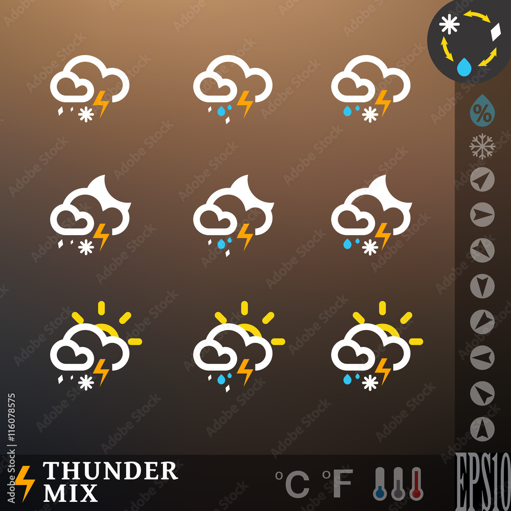 Weather icon set. Different thunder and weather combinations (snow/hail ...