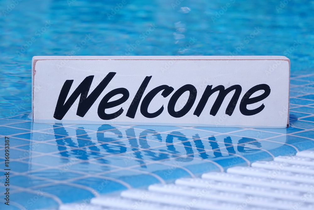 Welcome Sign And Empty Swimming Pool Surface In The Background Stock ...