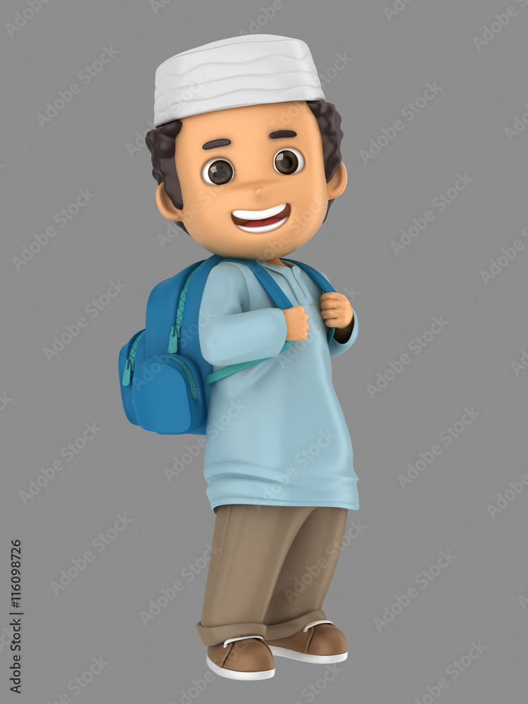 3d illustration of a cute muslim boy ready for school carrying a back ...