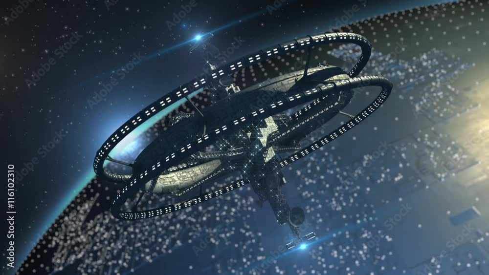Interstellar spaceship, with triple gravitational rings and a central ...