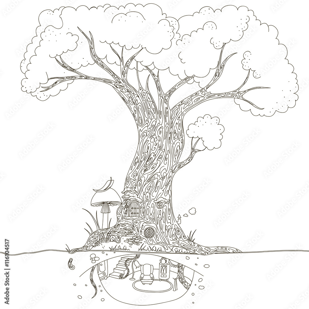 Magic Tree house. Hand drawing isolated objects on white background ...