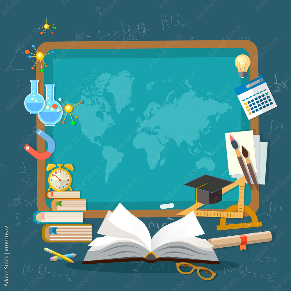 Education background infographics school blackboard world map Stock ...