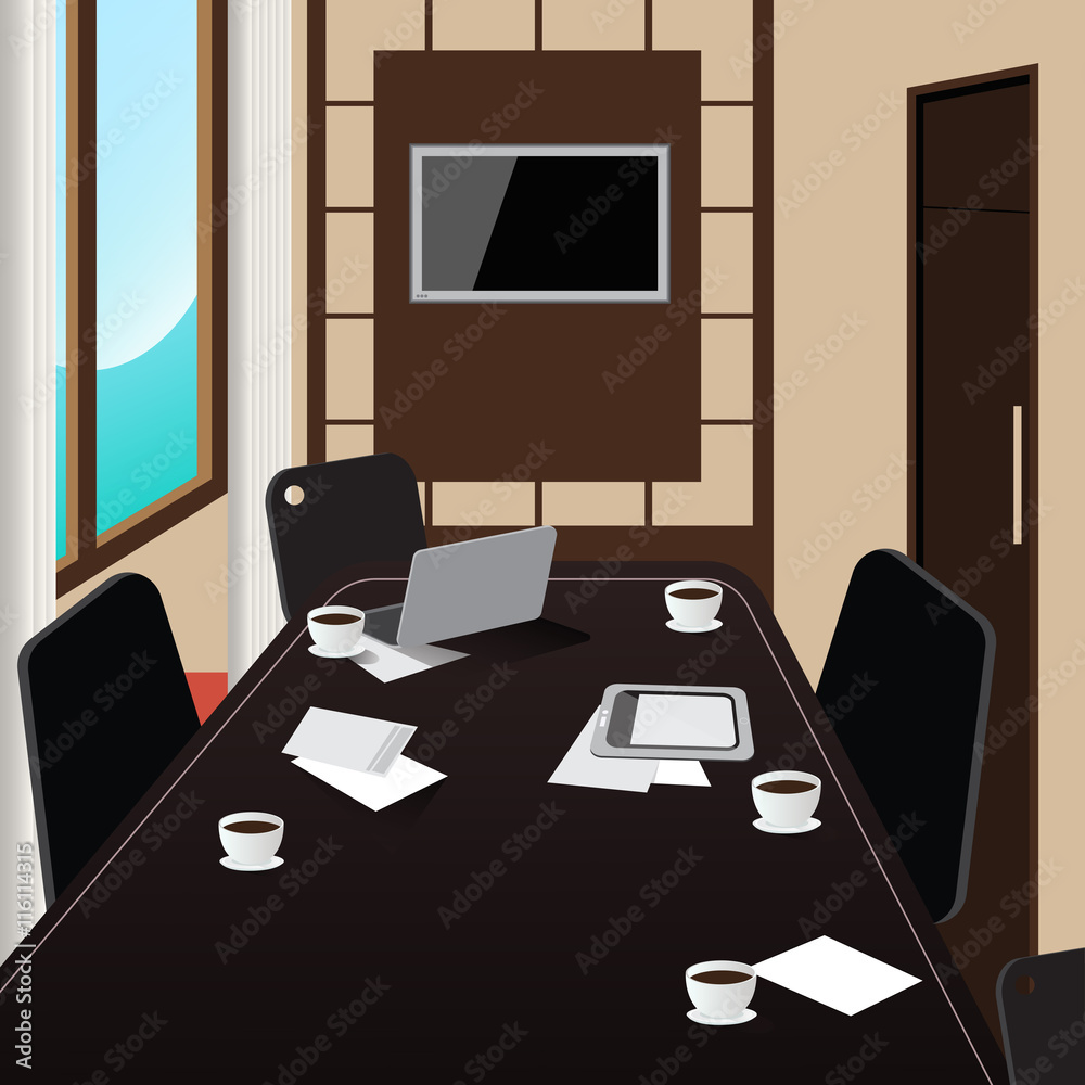 Conference Room Interior with Table, Tablet and Laptop. Vector ...