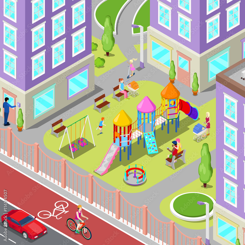 Isometric Children Playground in the Dormitory with People, Sweengs ... Isometric Children Playground in the Dormitory with People, Sweengs ...