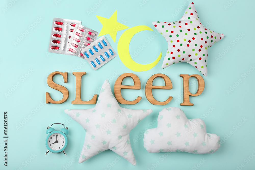 Sleep concept with accessories on color background Stock Photo | Adobe ...