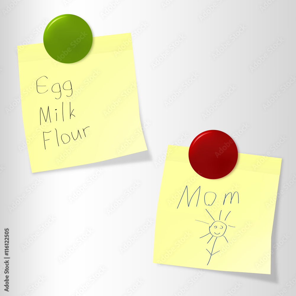 Vector illustration of 2 note paper with text signs and magnets. Set of ...