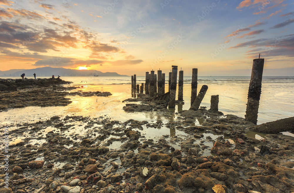 Destroyed pier during sunset at Pantai Robina, Pulau Pinang Malaysia ...