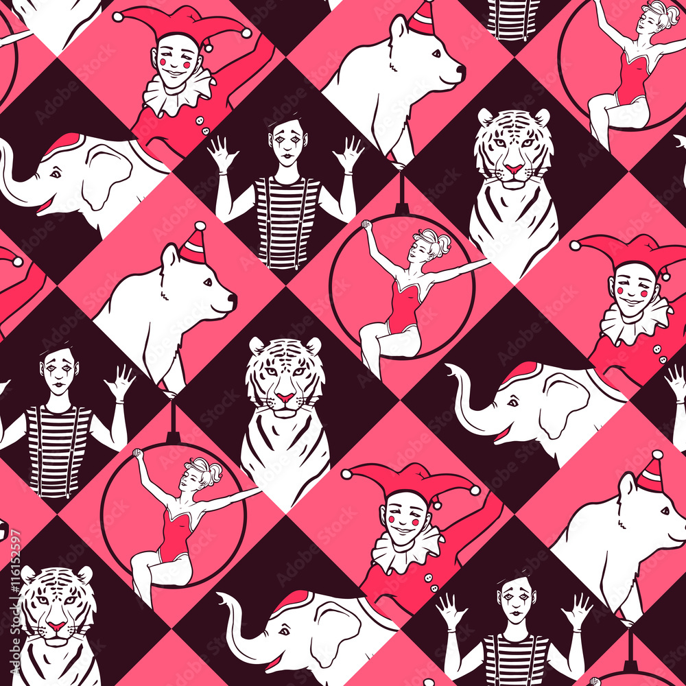 Seamless pattern with circus performers. Vector seamless texture for ...