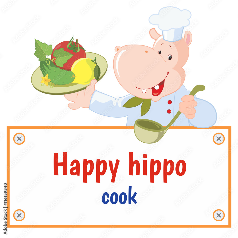 Set of vector happy hippo: chef, cook. Funny hippopotamus. Frame for ...