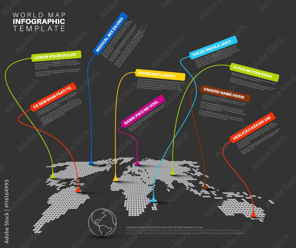 Infographic: Dark World map with pointer marks Stock Vector | Adobe Stock
