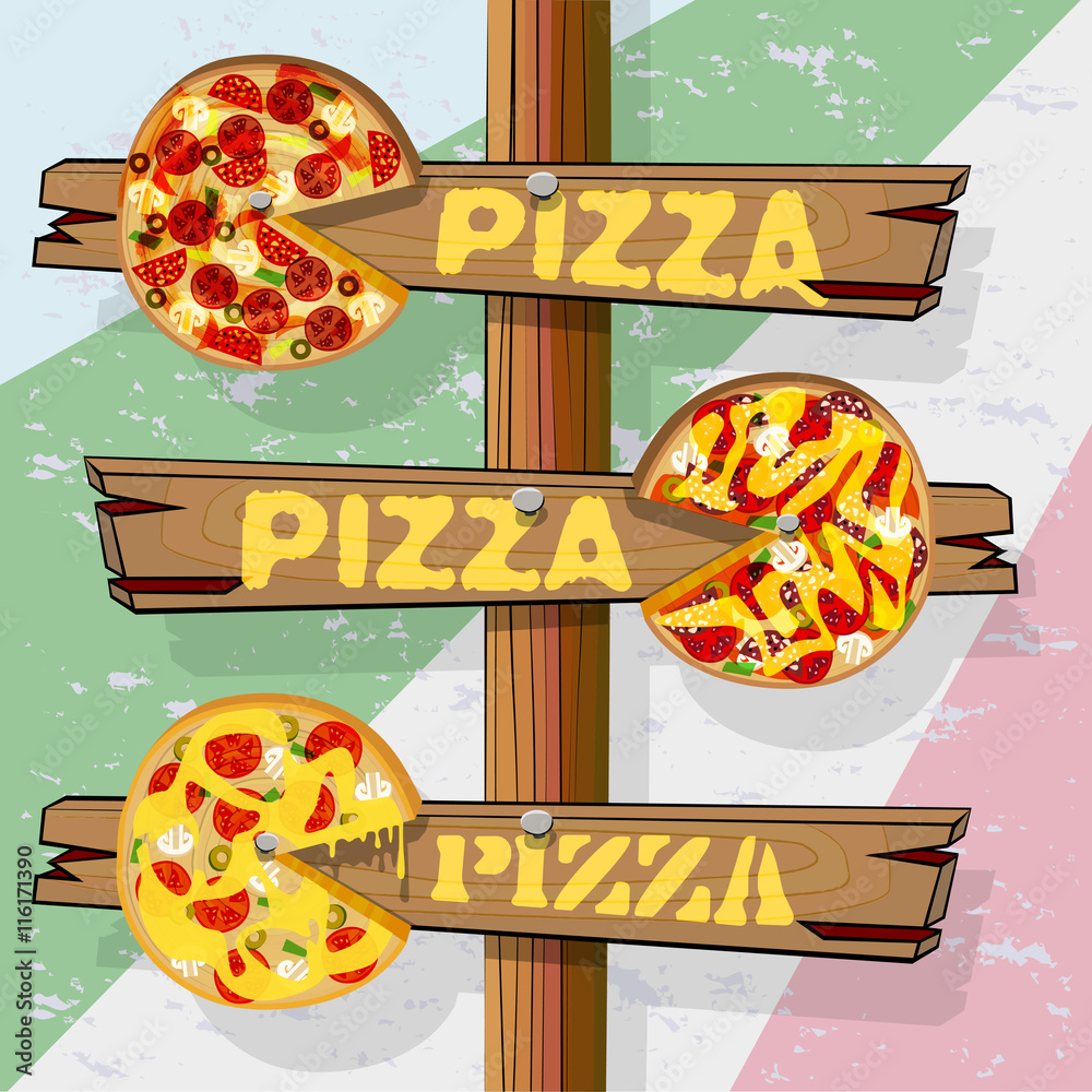 Signpost with three pointers pizza. Wood pizza with painted ingredients ...