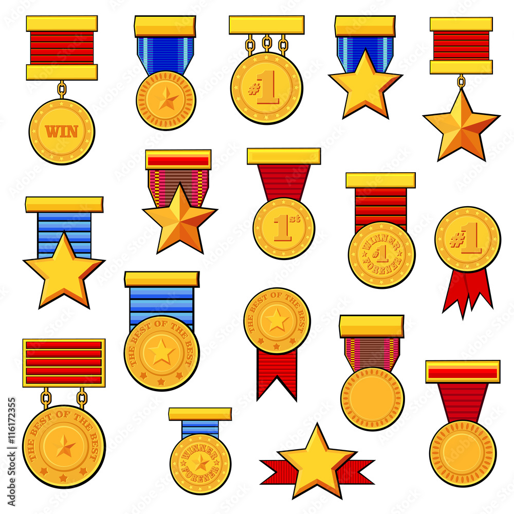Set cartoon golden blank medals award with Ribbon for Games ...