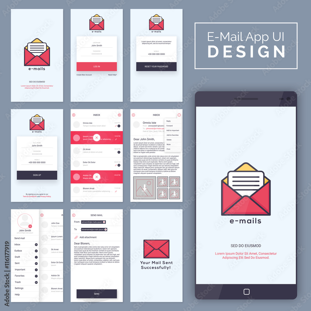 E-Mail Mobile App UI, UX and GUI template layout. Stock Vector | Adobe ...