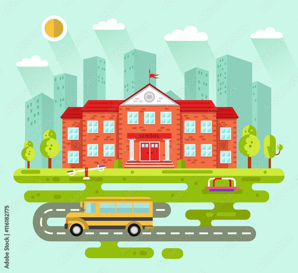 Vector flat style illustration of City landscape with school building ...