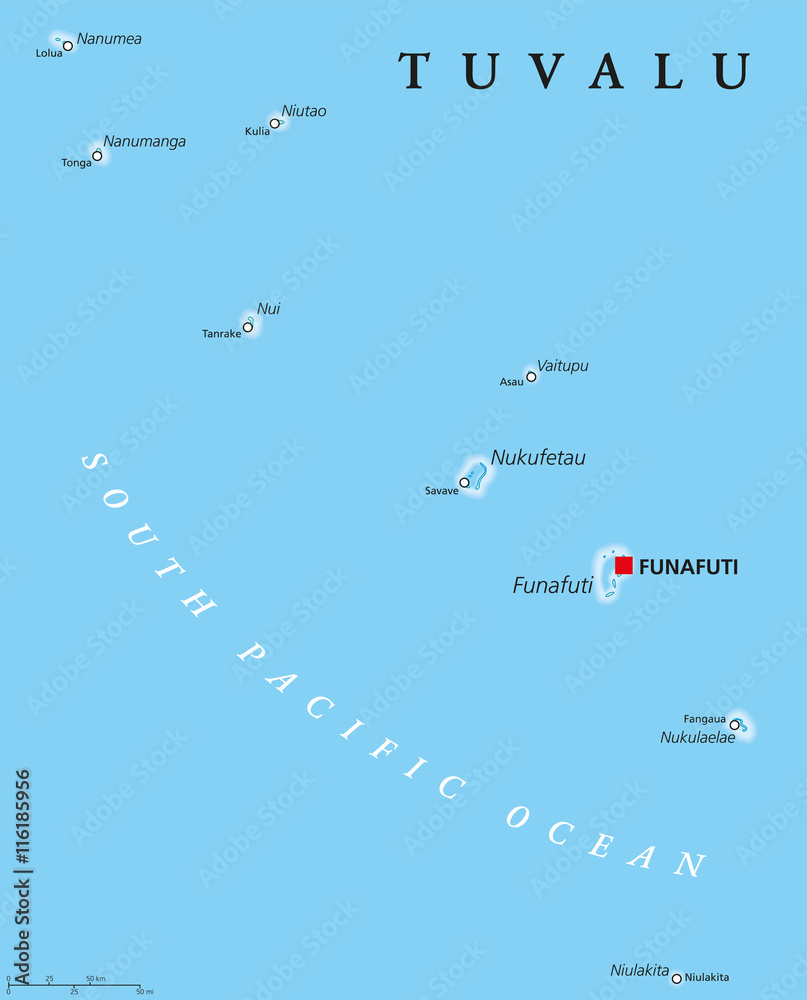 Tuvalu political map with capital Funafuti and important villages ...