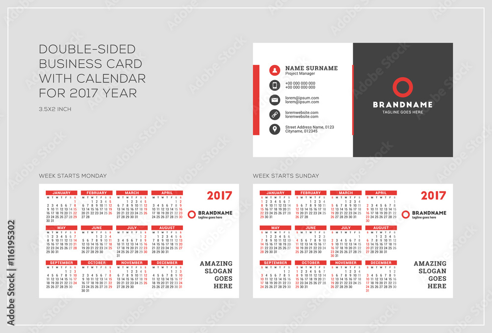 Double-sided business card template with calendar for 2017 year. Week ...