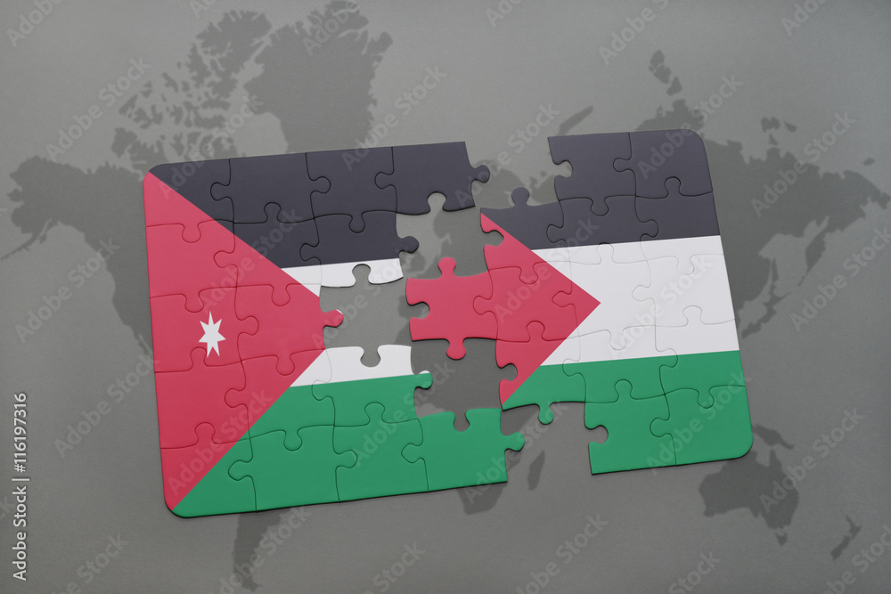 puzzle with the national flag of jordan and palestine on a world map ...