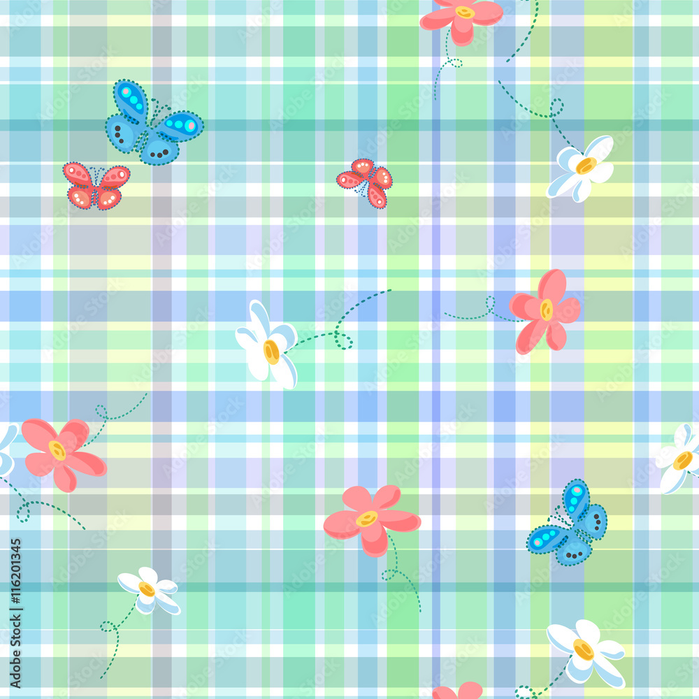 seamless checkered background with stylized flowers and butterflies ...