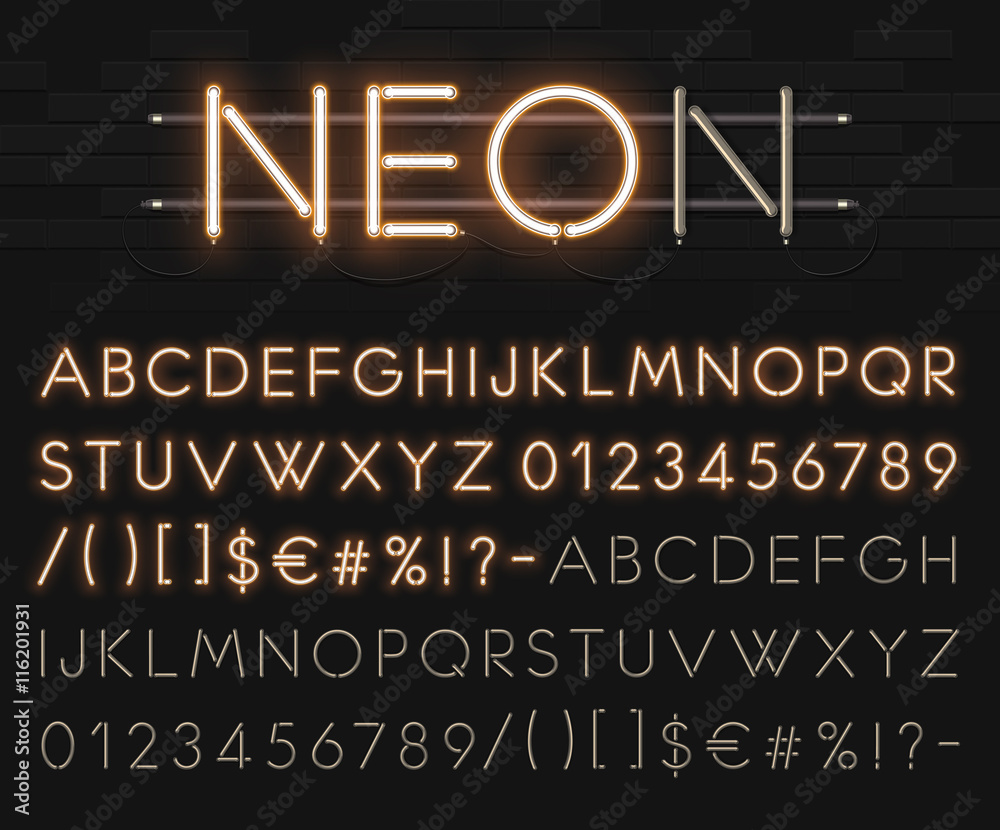 Realistic neon alphabet on a background of black brick wall. Bright ...