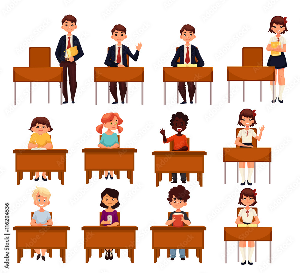 Set of school boys and girls sitting at their desks in the classroom ...