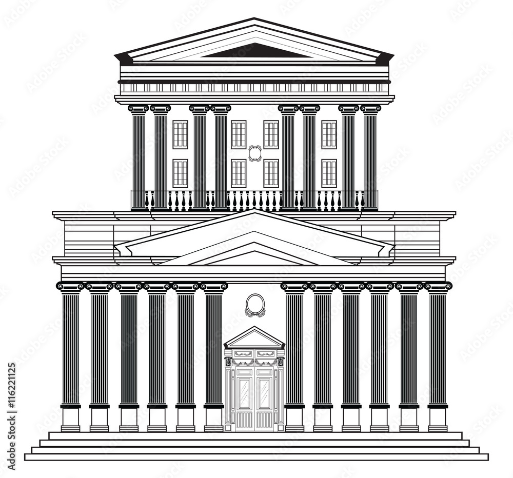 Vector architectural facade. Wire frame blueprint drawing of classic ...