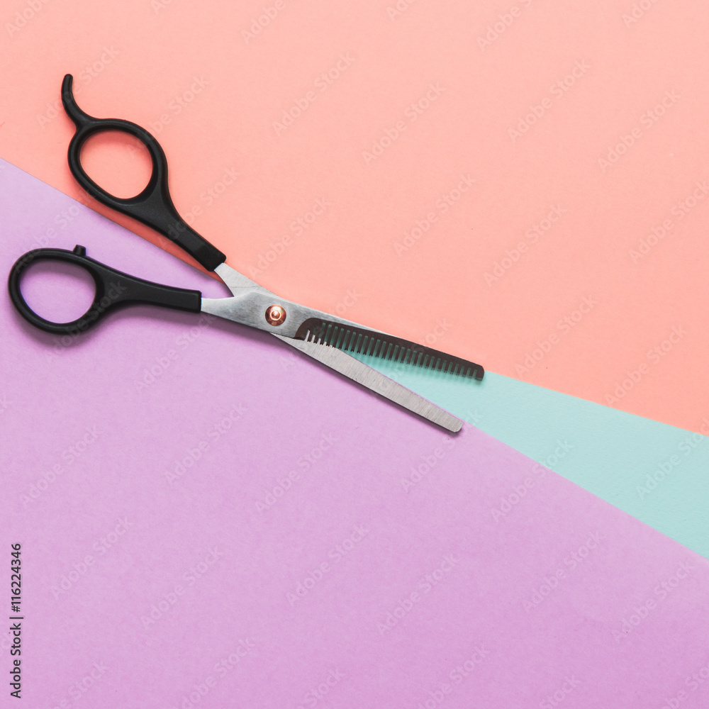 Flat lay fashion minimal set: scissors on pastel backgrounds. Top view ...
