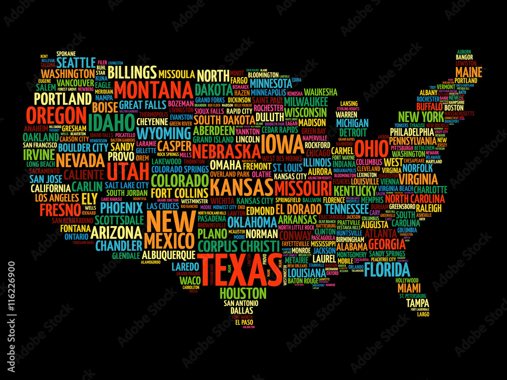 USA Map word cloud collage with most important cities Stock Vector ...