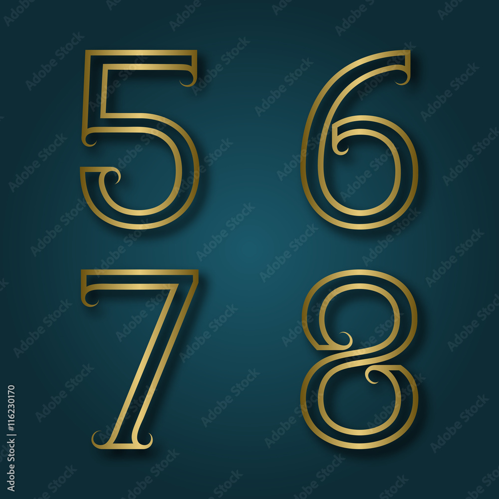 Five, six, seven, eight shiny golden numbers with shadow. Outline font ...
