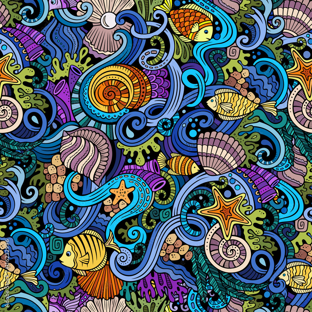 Cartoon doodles under water life seamless pattern Stock Vector | Adobe ...