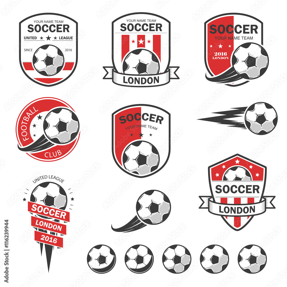 Vector illustration set of logos on football theme, as well as items ...