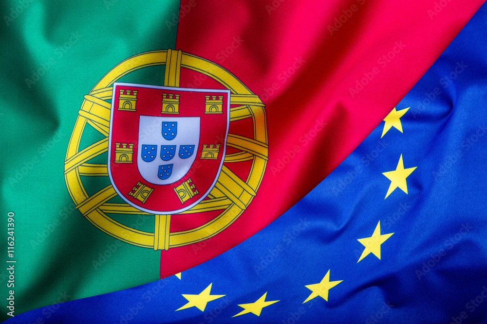 Flags of the Portugal and the European Union. Portugal Flag and EU Flag ...