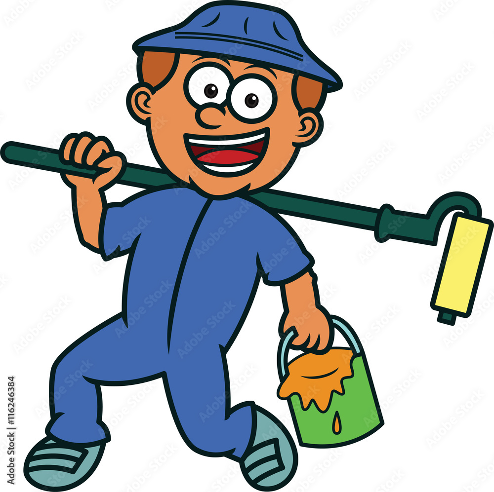 Painter with Bucket of Paint and Painting Roll Cartoon Illustration ...