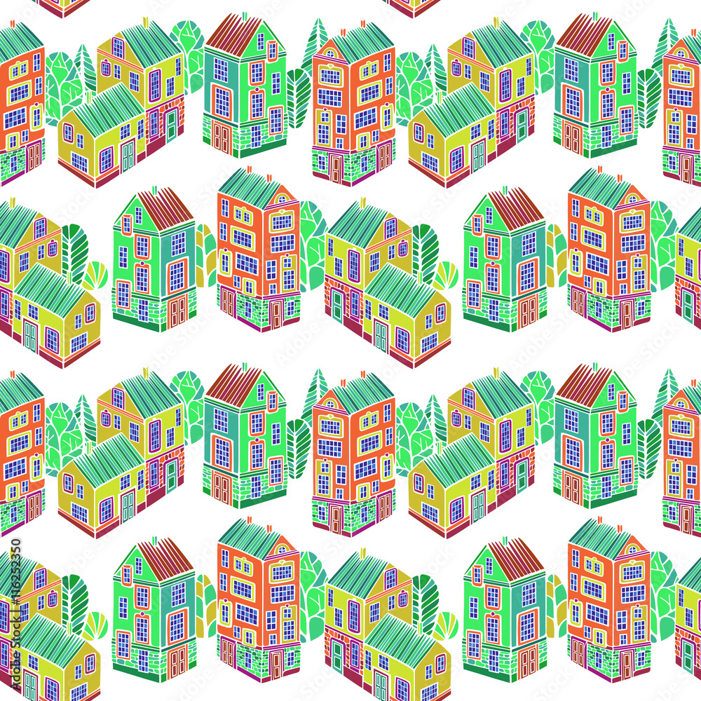 Cartoon Houses set. Colorful Vector seamless pattern. Stock Vector ...