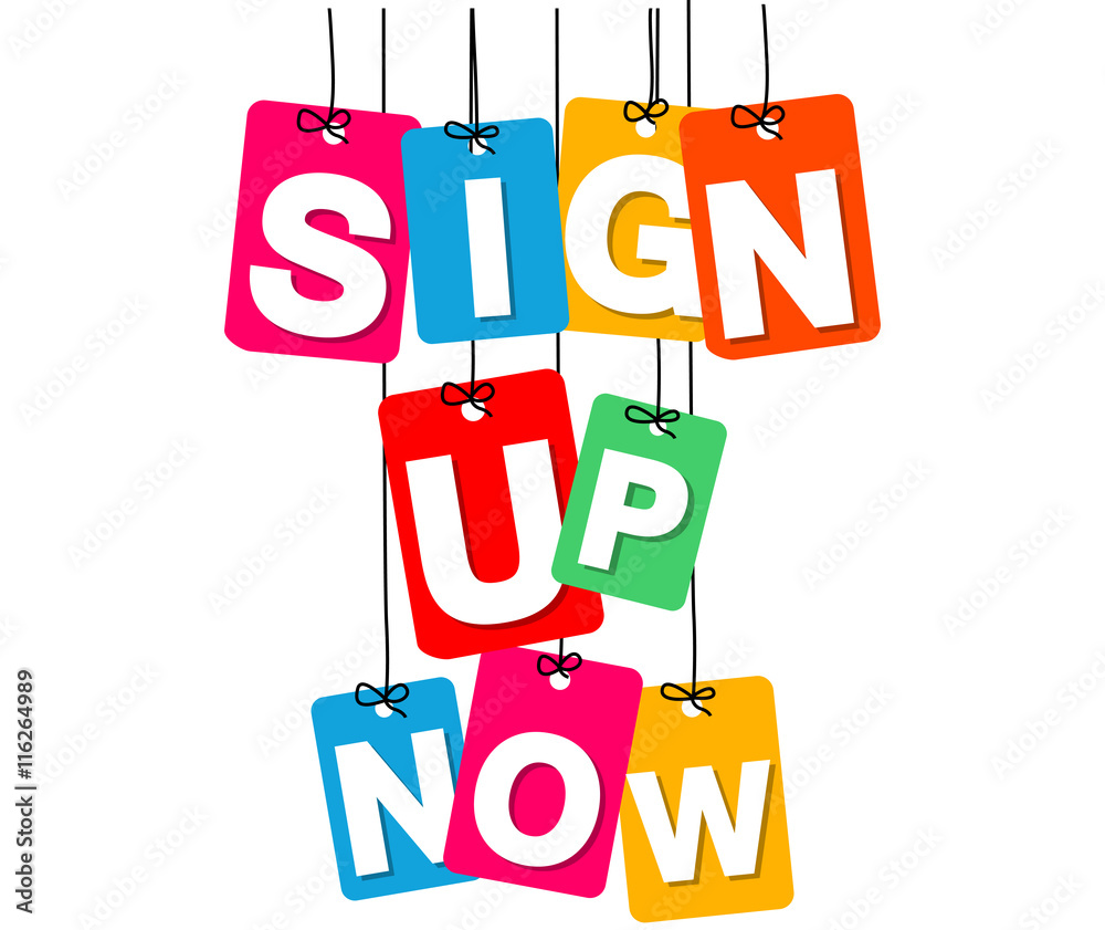 Vector colorful hanging cardboard. Tags - sign up now Stock Vector ...