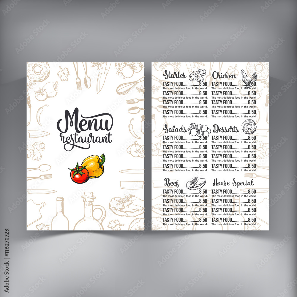 Kitchenware, vegetables and cutlery menu design sketch style vector ...