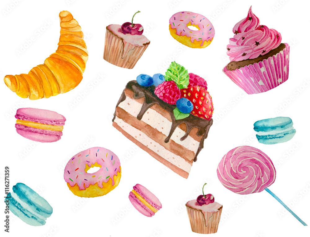 Hand painting watercolor illustration of sweets:donuts,cakes,cupcakes ...
