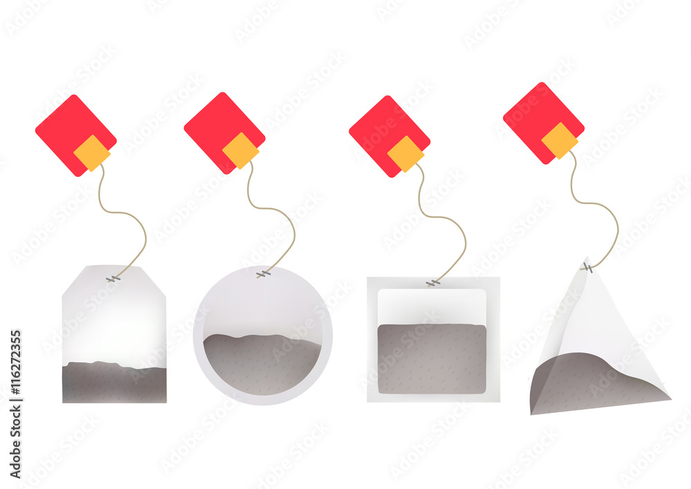 Tea Bags Illustration with Labels In Round, Rectangle, Square, Pyramid ...