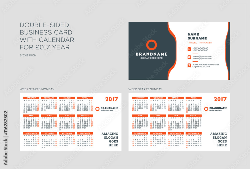Double-sided business card template with calendar for 2017 year. Week ...