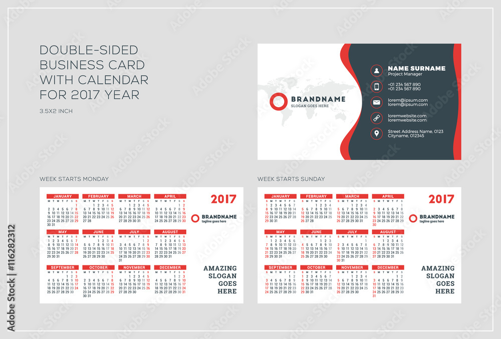 Double-sided business card template with calendar for 2017 year. Week ...