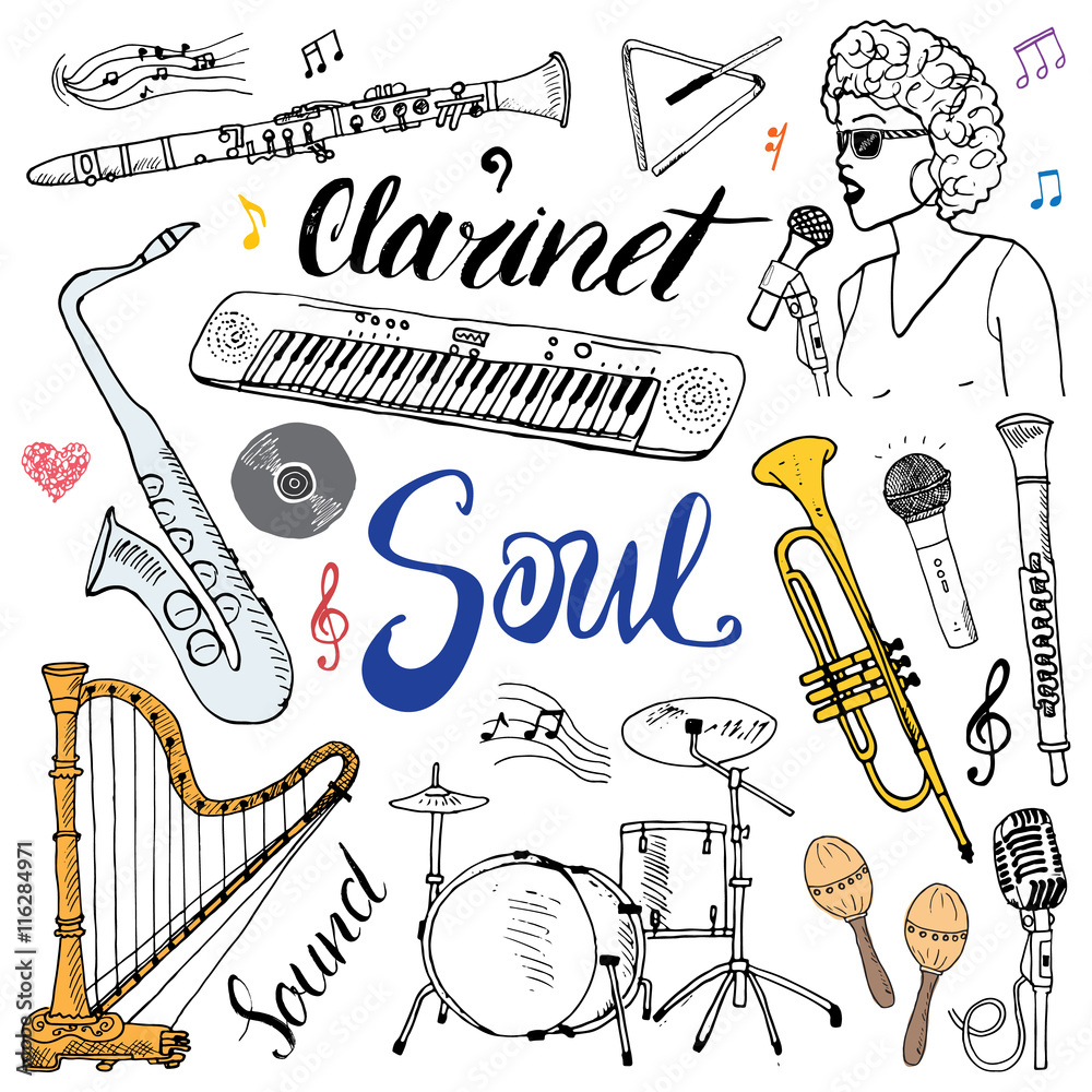 Music Instruments Set. Hand Drawn Sketch, Vector Illustration Isolated ...