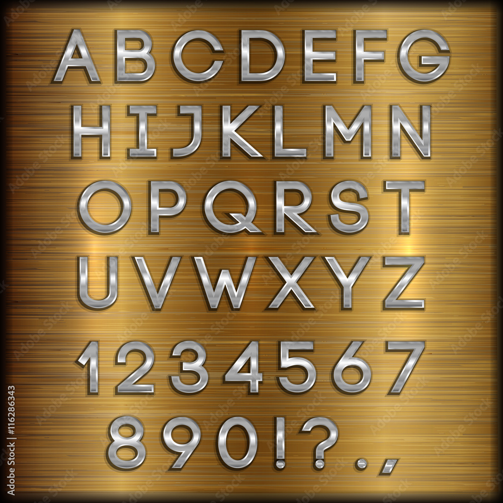 Vector silver coated alphabet letters, digits and punctuation on copper ...
