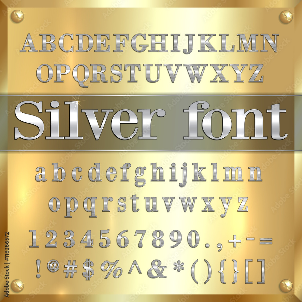 Vector silver coated alphabet letters, digits and punctuation on gold ...