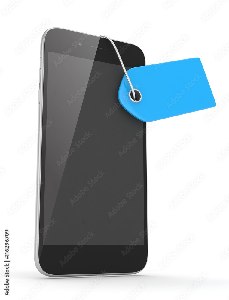 Smart phone with blue price tag on white background. Identification ...
