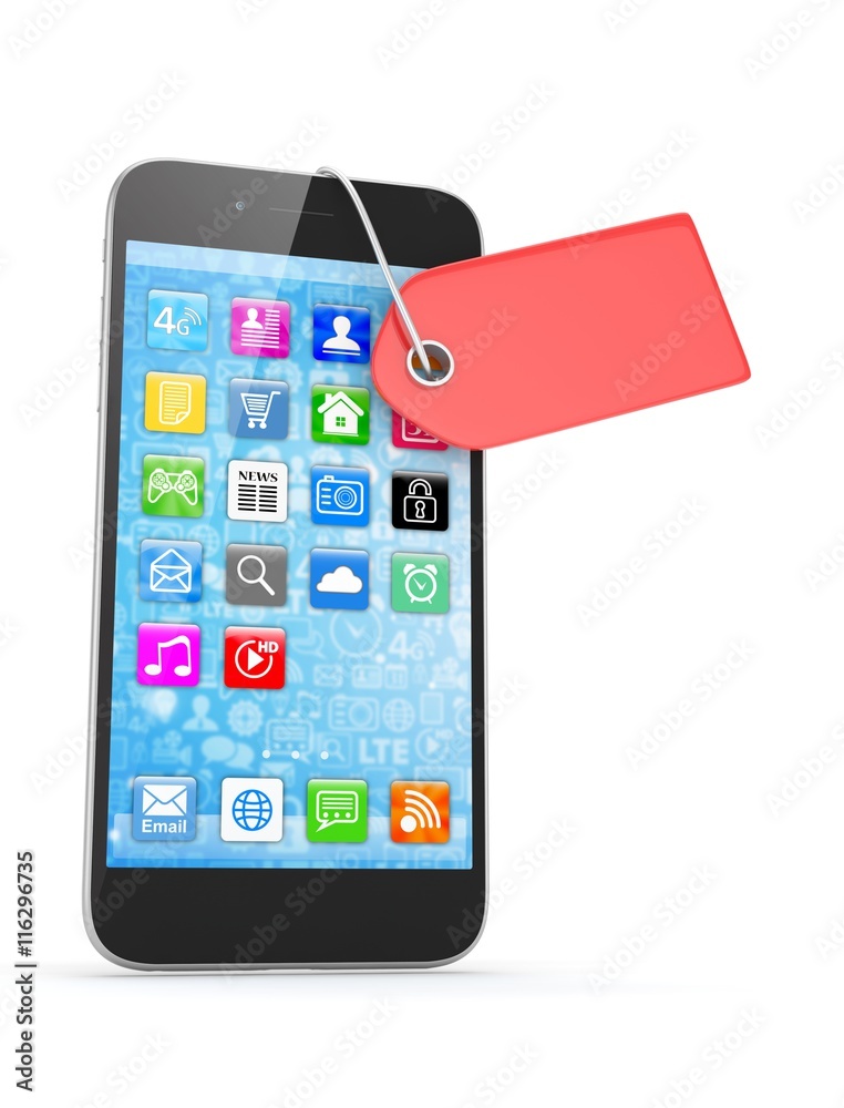 Smart phone with red price tag on white background. Identification ...