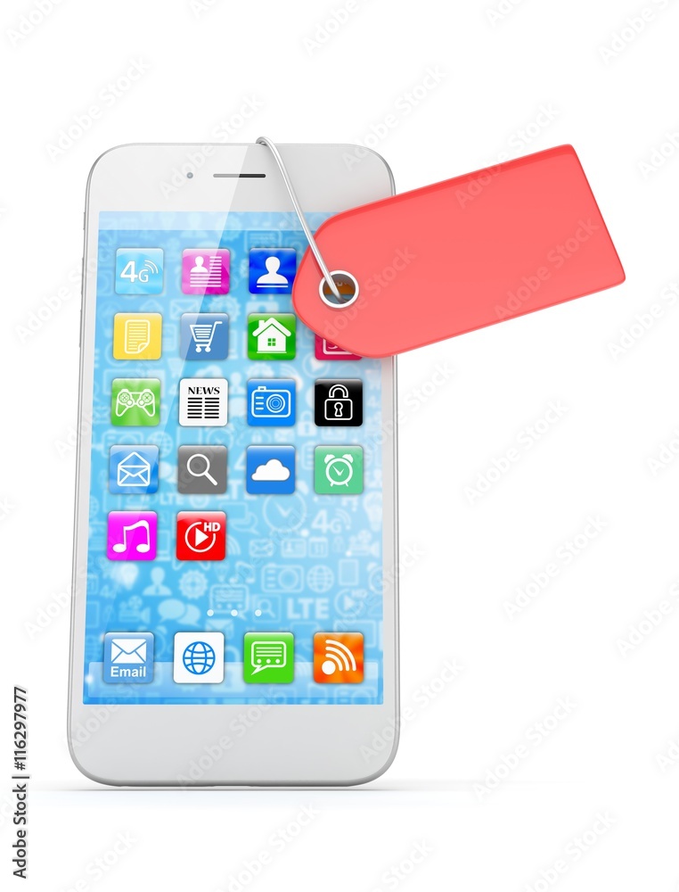 White smart phone with red price tag on white background ...