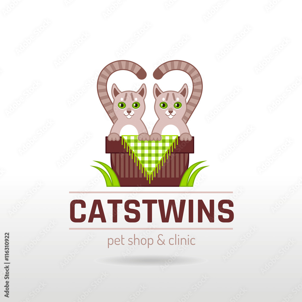 Vector illustration of funny cute cats twins couple sitting in basket ...