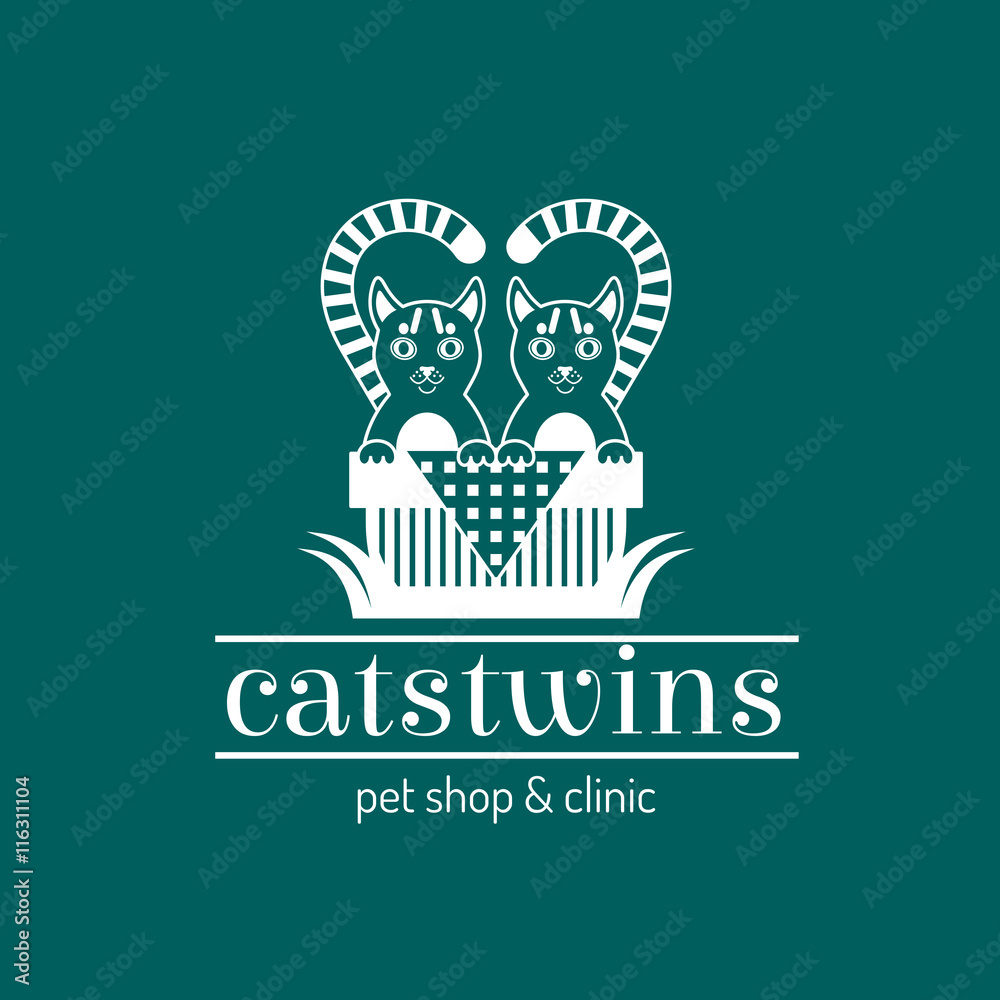 Vector illustration of funny cute cats twins couple sitting in basket ...