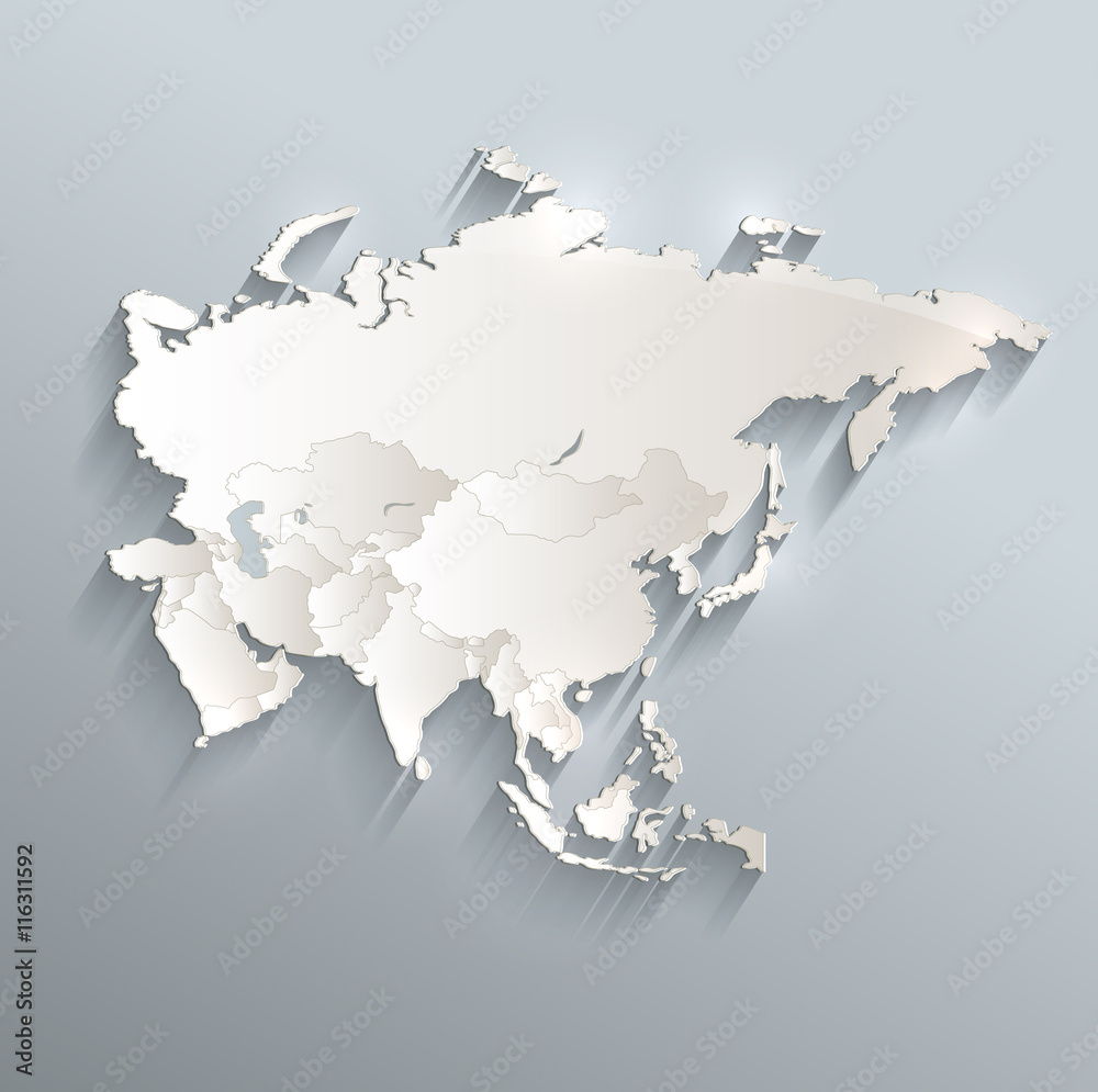 Poster Asia political map 3D vector individual states separate ...