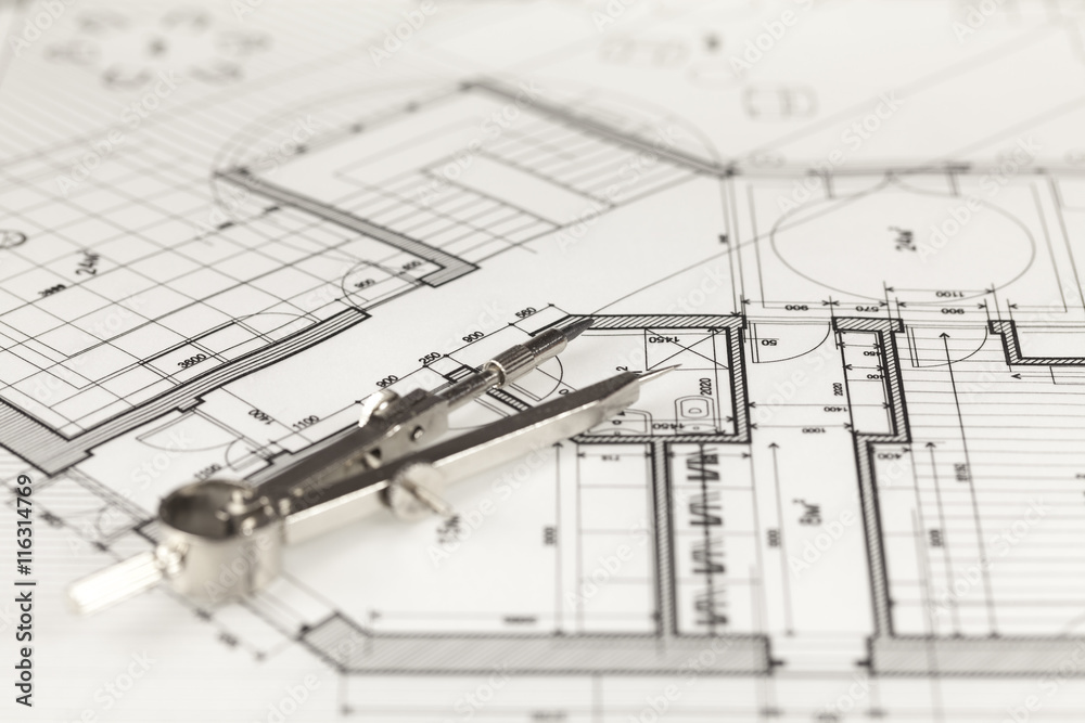 architecture blueprint - house plan & compass Stock Photo | Adobe Stock
