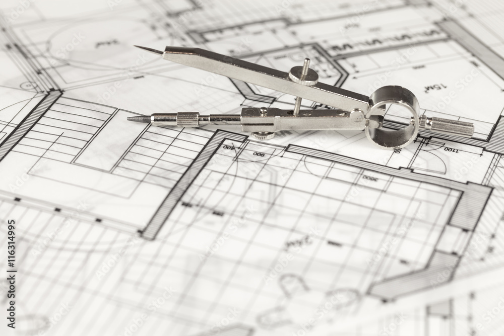 architecture blueprint - house plan & compass Stock Photo | Adobe Stock